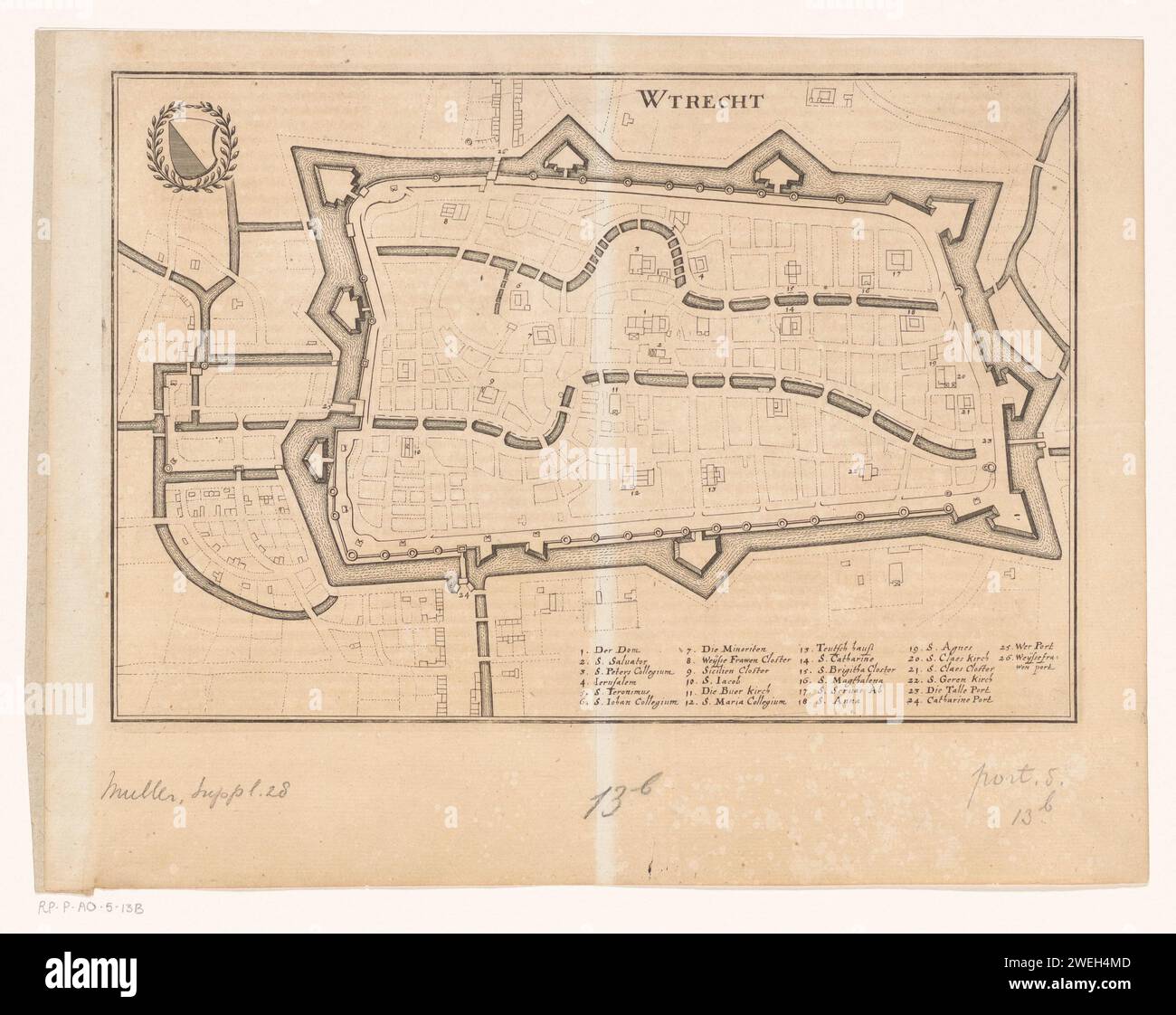 Vesting map of the city of Utrecht, Caspar Merian, after Johann Merck ...