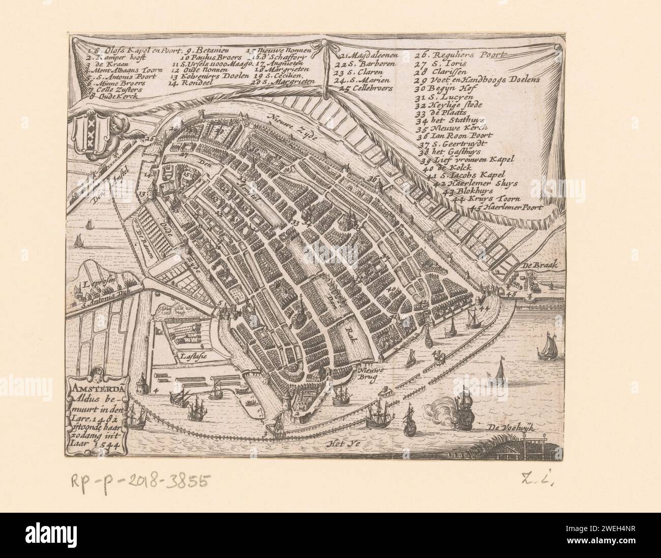 Map of Amsterdam, 1544, Anonymous, c. 1663 print paper etching maps of cities Amsterdam Stock ...