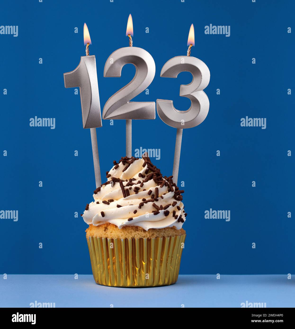 Burning candle number 123 - Birthday card with cupcake on blue ...