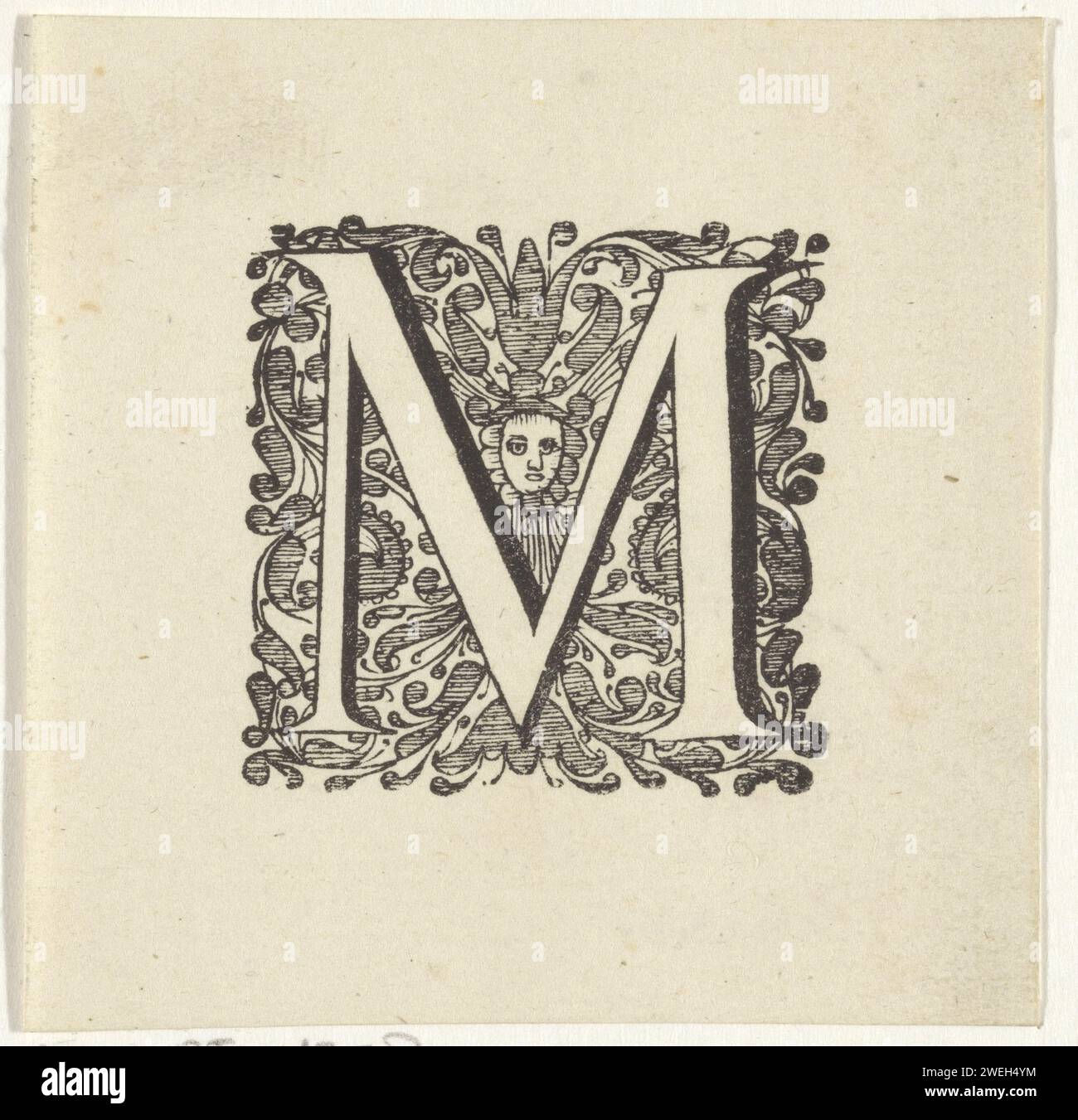 Letter M in a frame with a face, Anonymous, 1600 - 1699 print paper ...