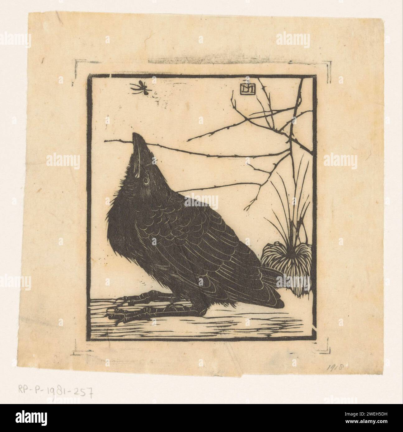 Crow, looking up to Mugje, Jan Mankes, 1918 print Looking up crow. A ...