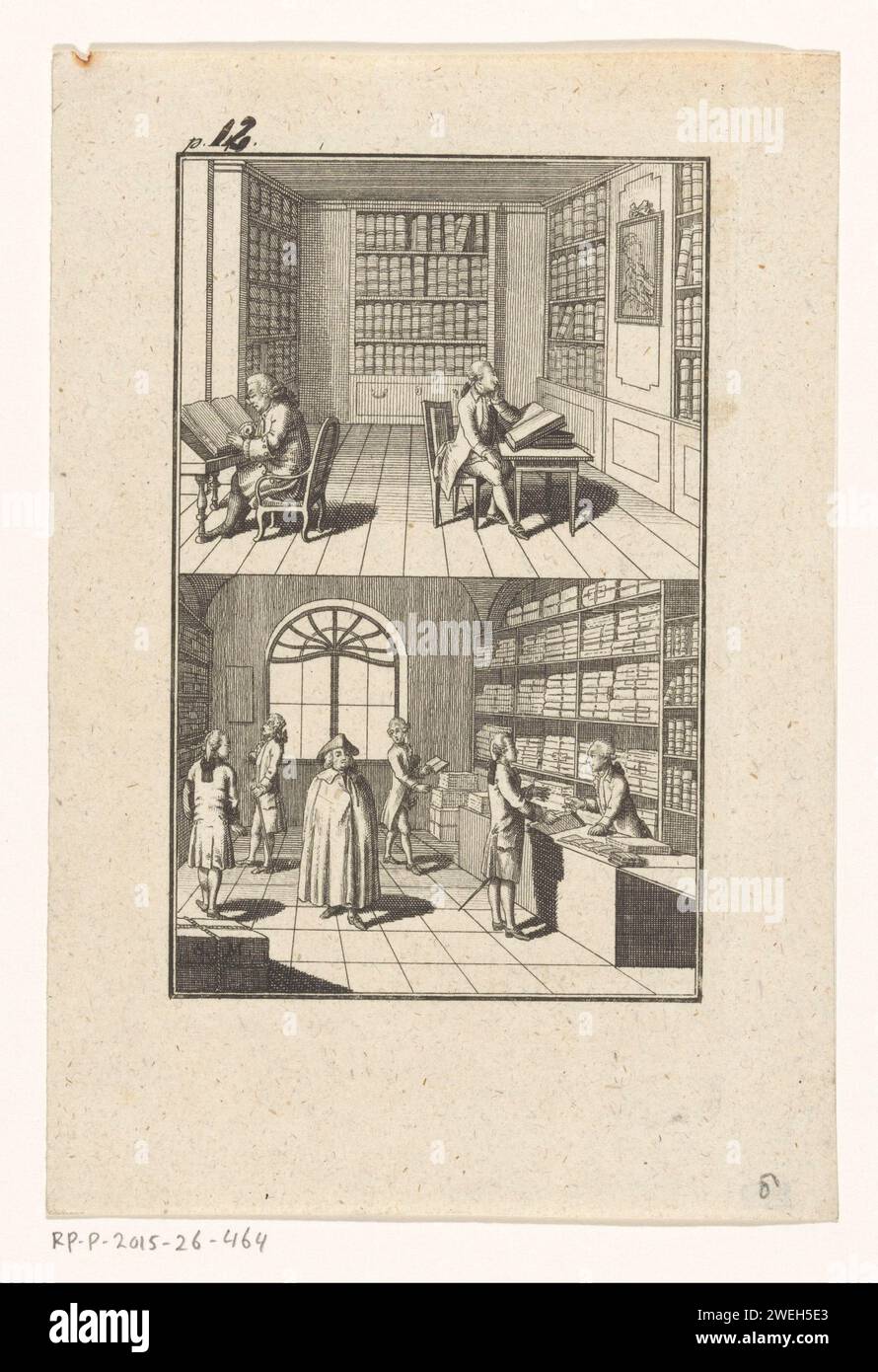 Library and bookstore, 1700 - 1799 print Two scenes: the interior of a ...
