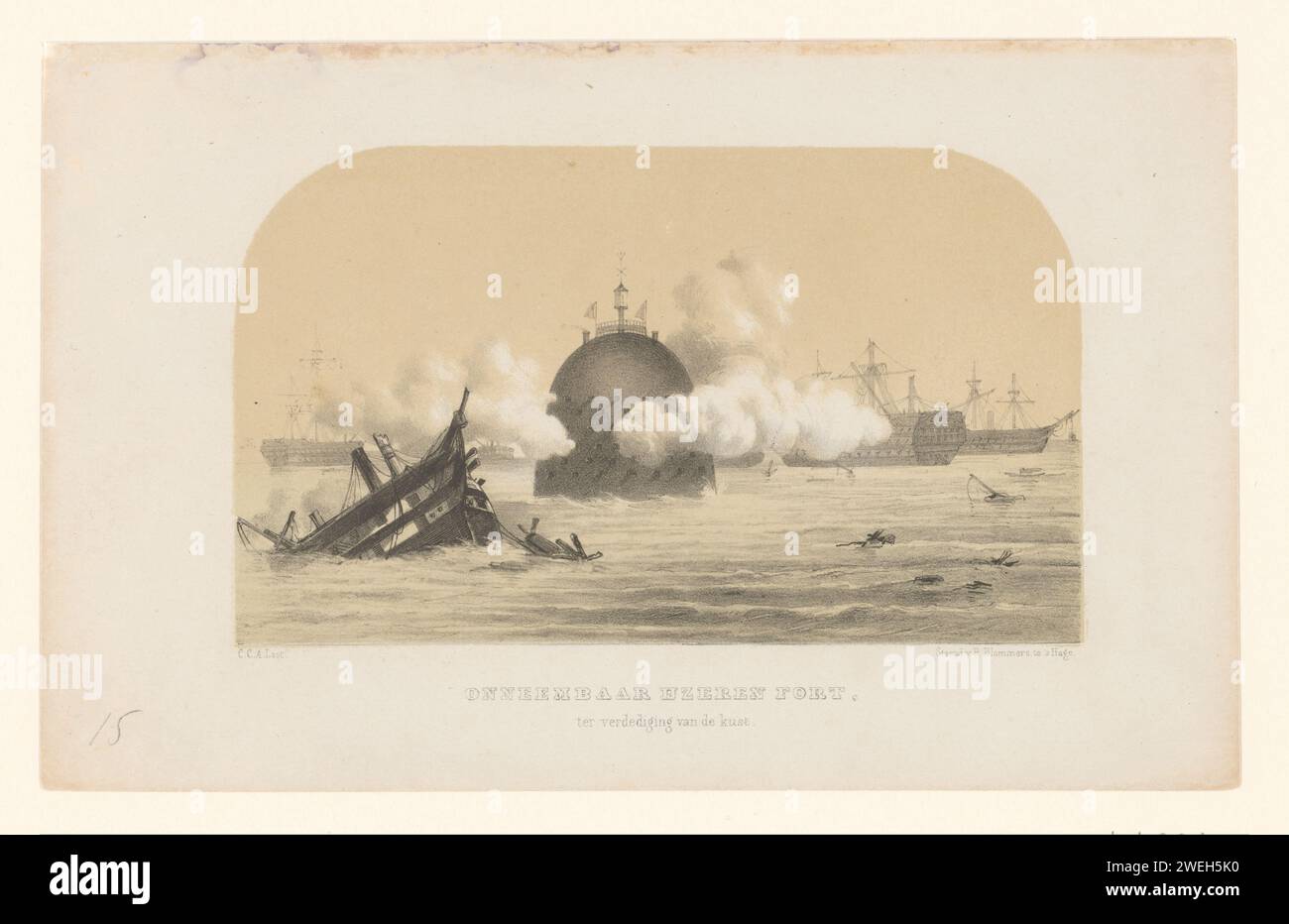 Iron Fort on the water with sinking ship during a stroke, Carel ...