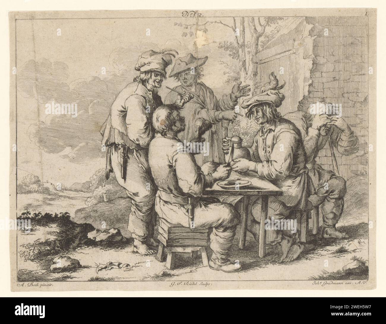 Five farmers at the outside air, Gottlieb Friedrich Riedel, after ...