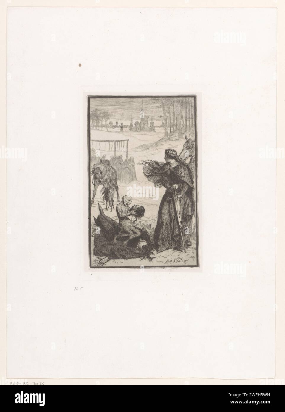 Woman with sword stands next to a body whose head is held by a devil ...