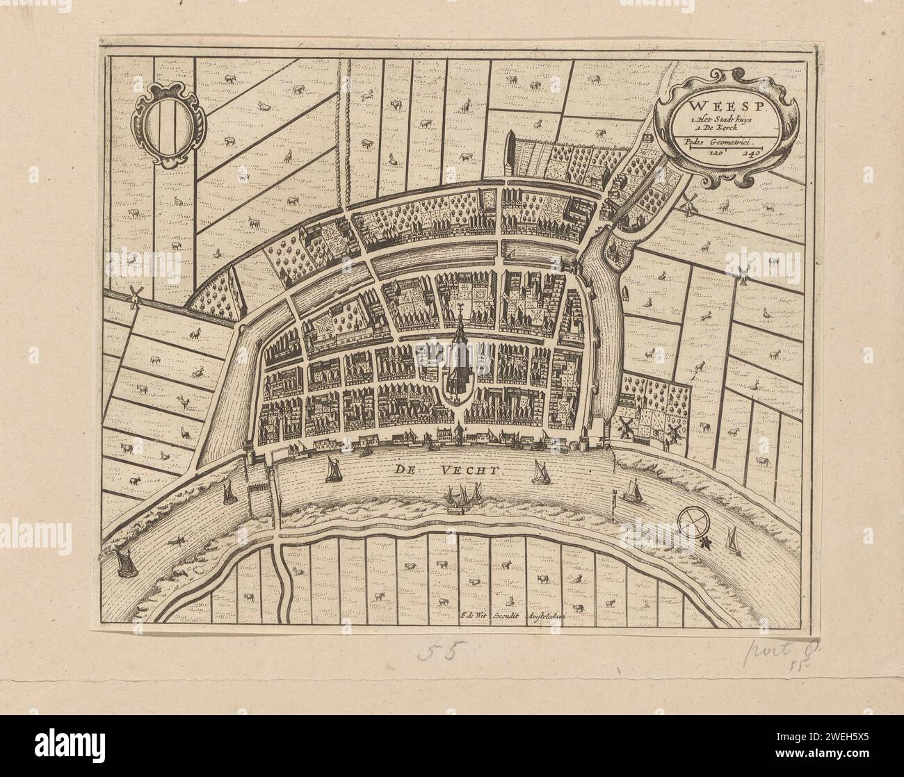 Map of Weesp, Anonymous, 1728 print Map in a nutshell perspective. At ...