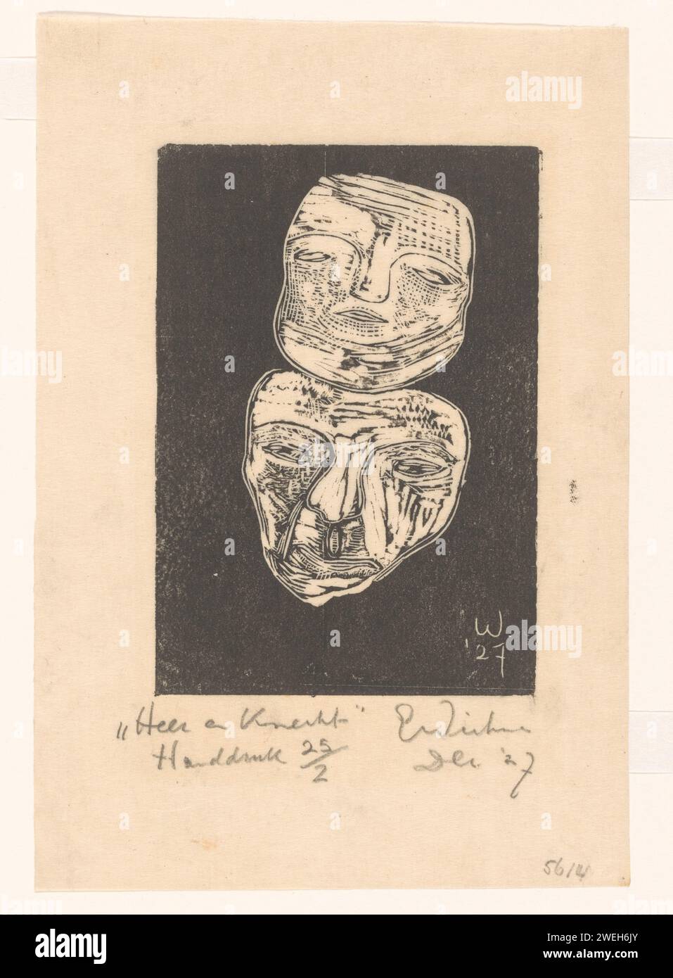 Lord and servant, 1927 print Two mask -like faces above each other ...