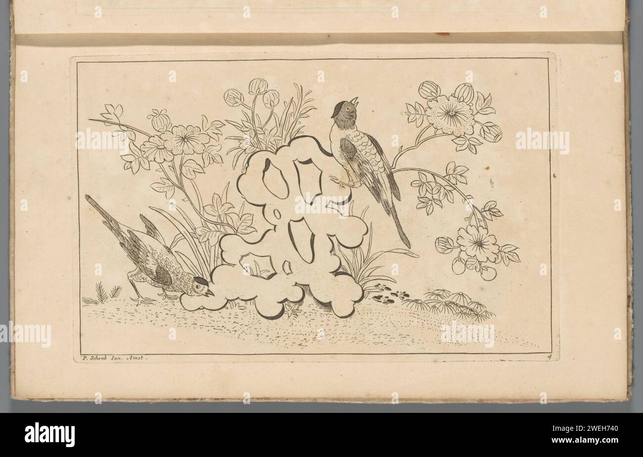 Two birds in a flowering bush, 1727 - 1775 print Stylized rock or tree ...