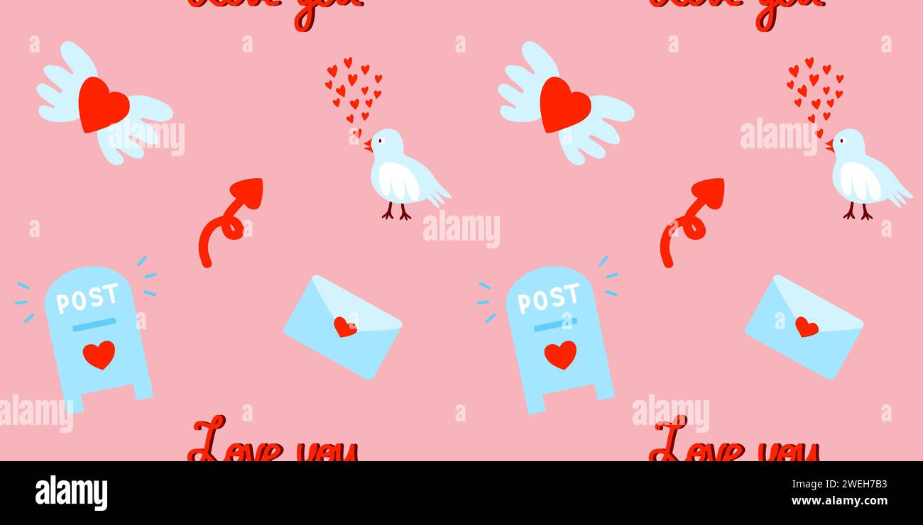 Seamless Valentines day pattern with flying hearts, letter, post box ...
