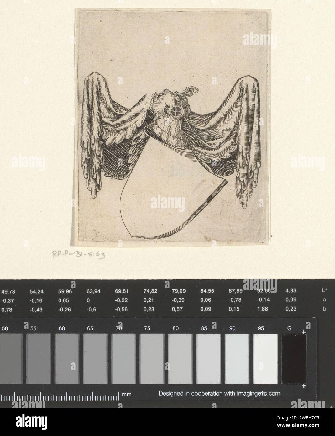 Weapon template with helmet and curtain, 1596 print paper engraving ...