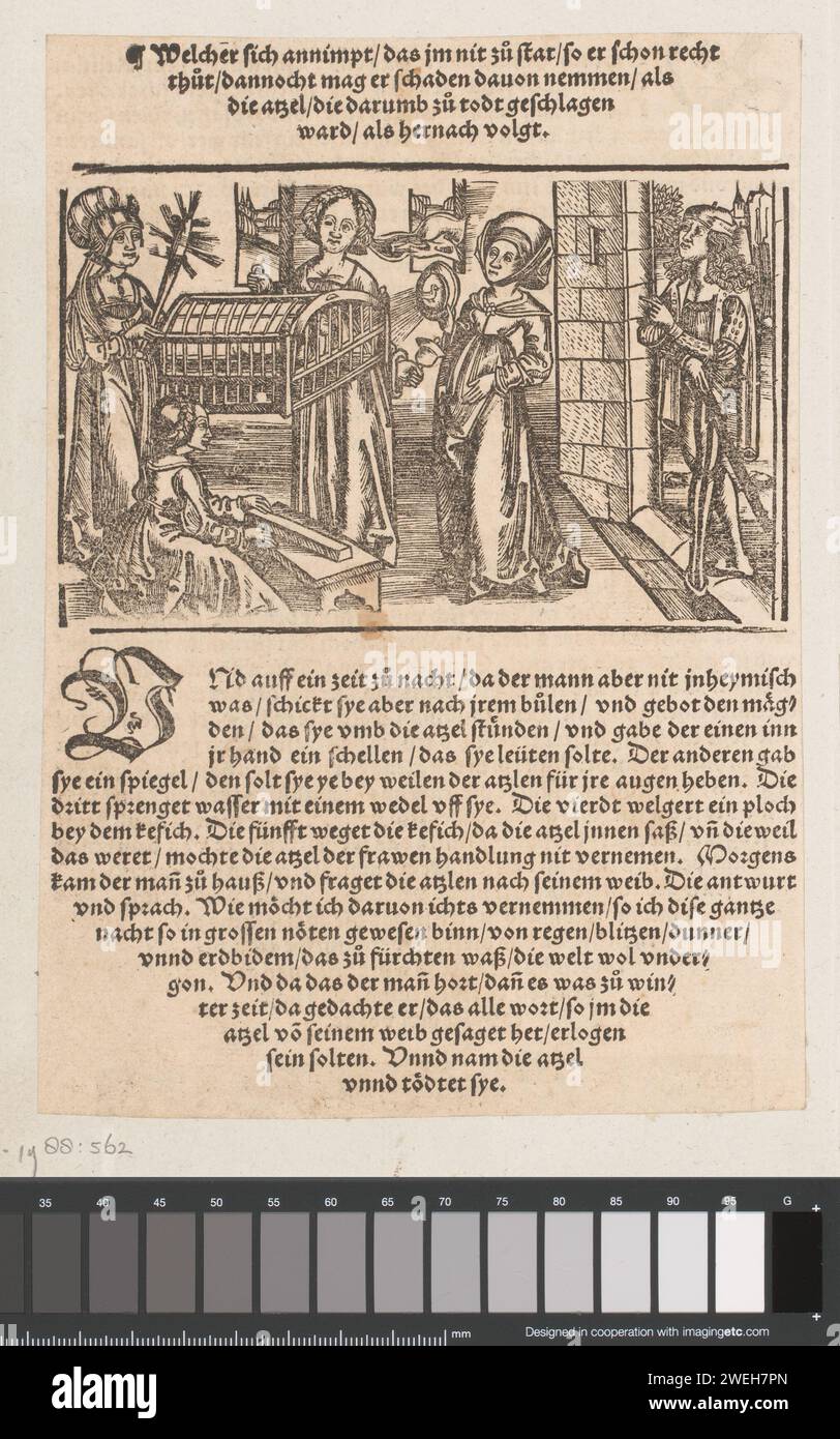 Four women with different objects in an interior, a man is in the ...