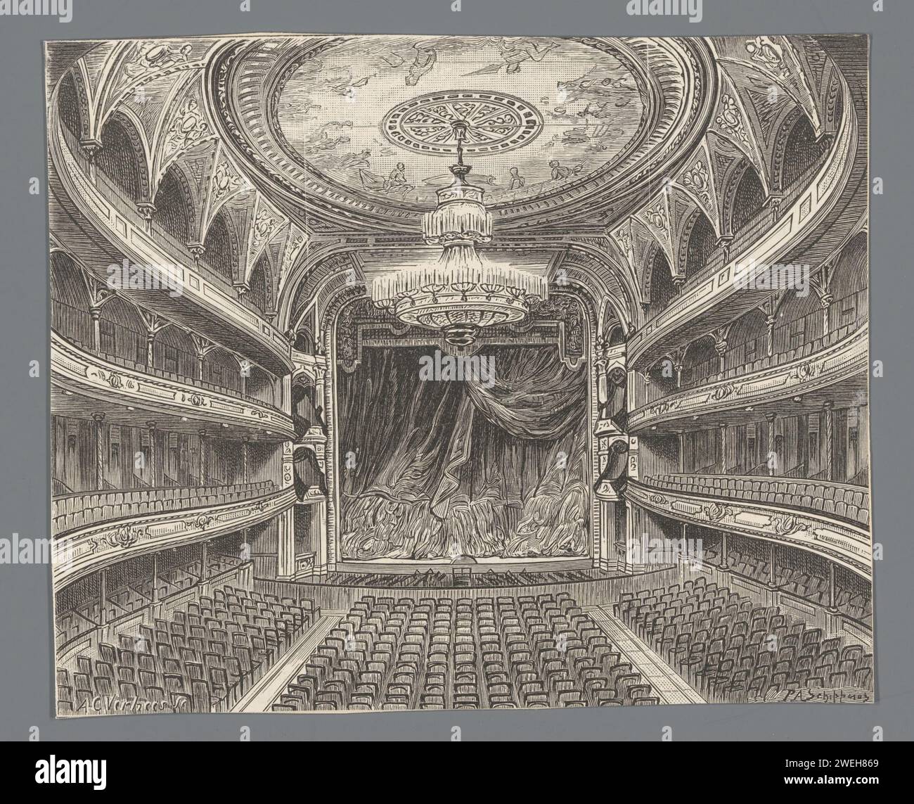 Interior of a theater hall, seen from the rear balcony, Arnoldus ...