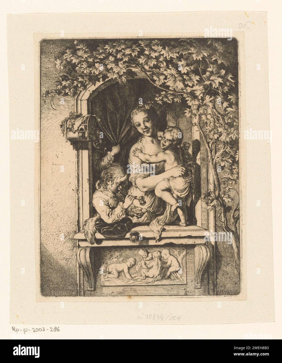 Woman with children in decorated window, Christian Wilhelm Ernst ...