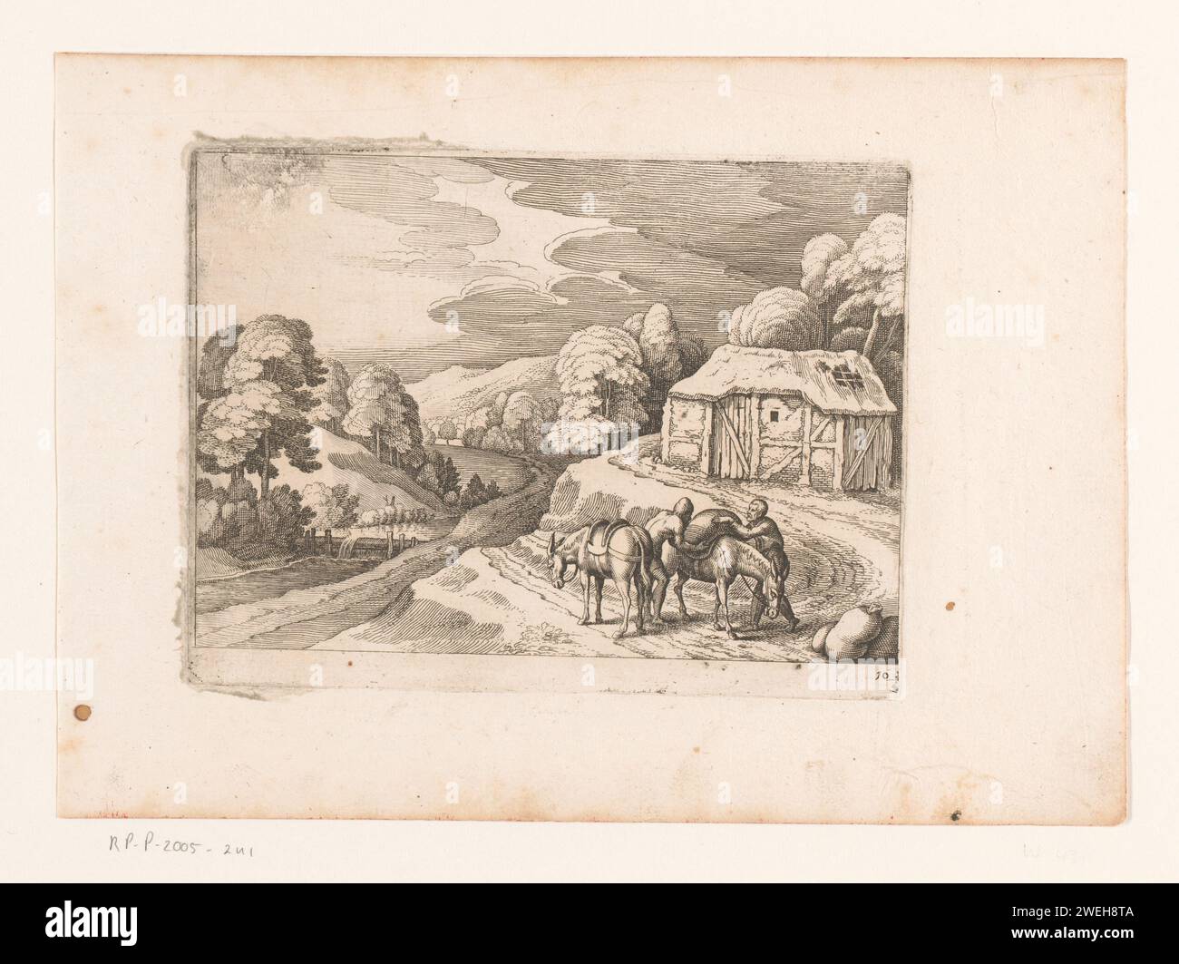 Country road with two men who pack a donkey, 1620 print paper etching ...