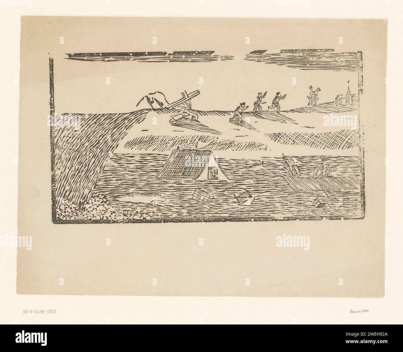 Figures during a flood, anonymous, 1800 - 1899 print Breach paper flood ...