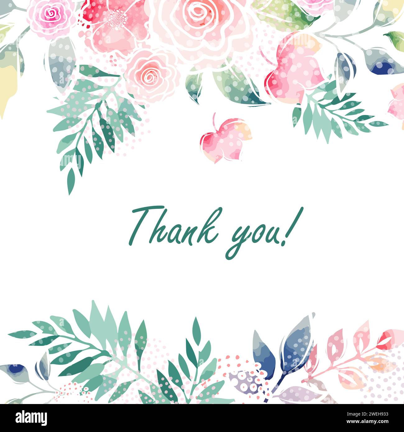 Postcard. Thank you text on a background of watercolor flowers. hand ...
