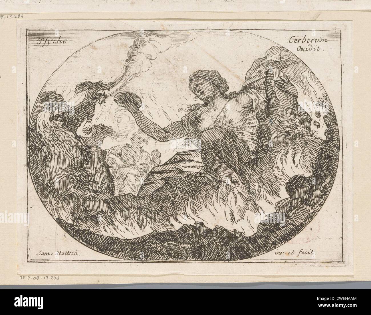 Psyche conducts Cerberus, Samuel Bottschild, 1693 print paper etching ...
