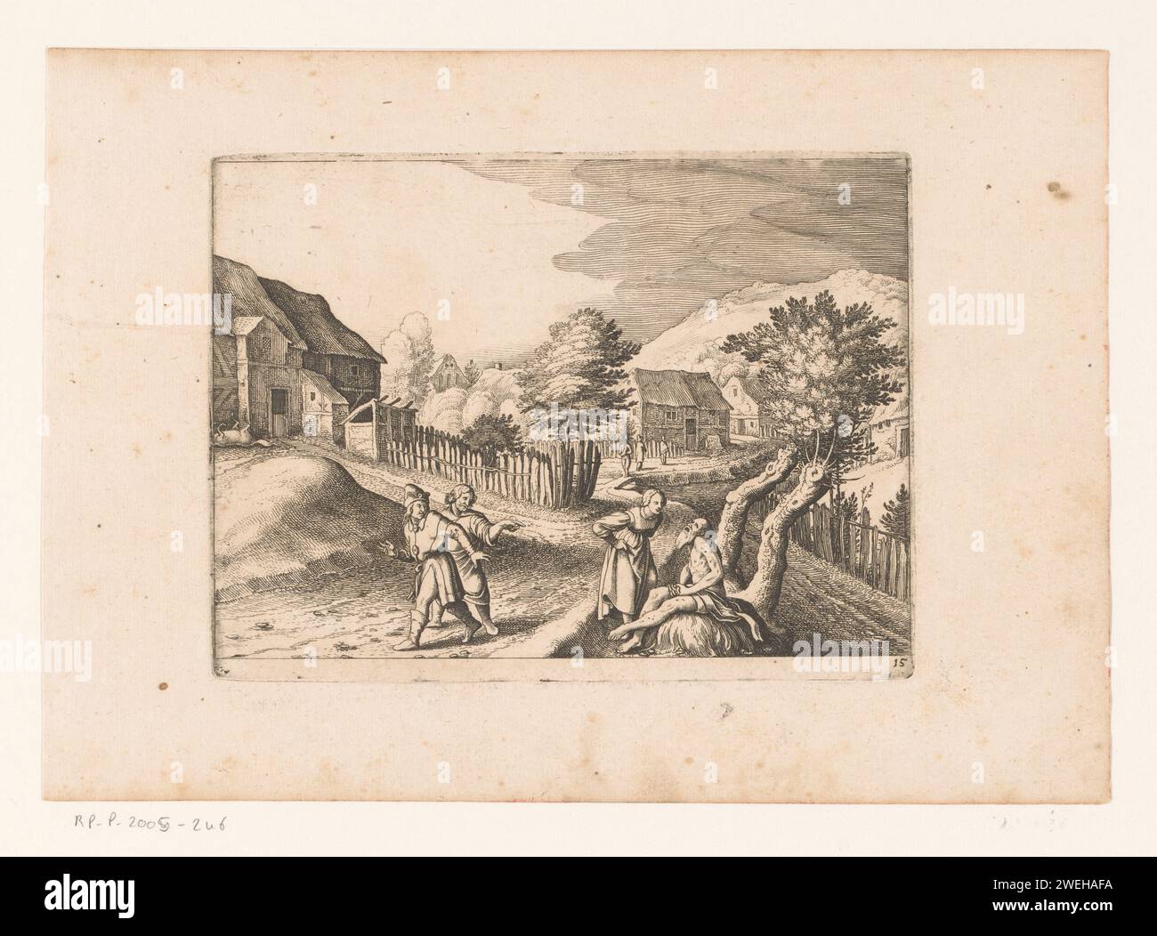 Mocking of Job, 1620 print paper etching Job on the dunghill visited by ...