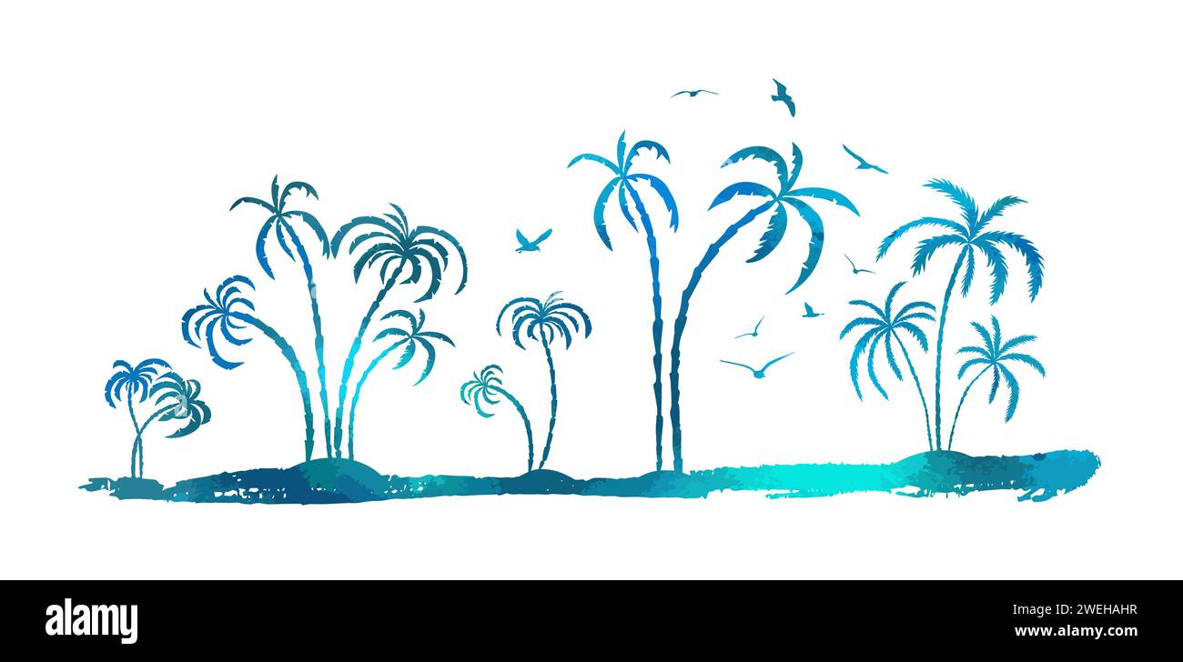 Silhouette of a blue palm tree on a white background with seagulls ...
