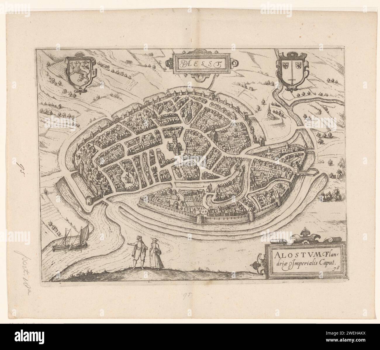 Map of Aalst, Anonymous, 1612 - 1648 print Map of Aalst. Up, in the middle, the title cartouche ...