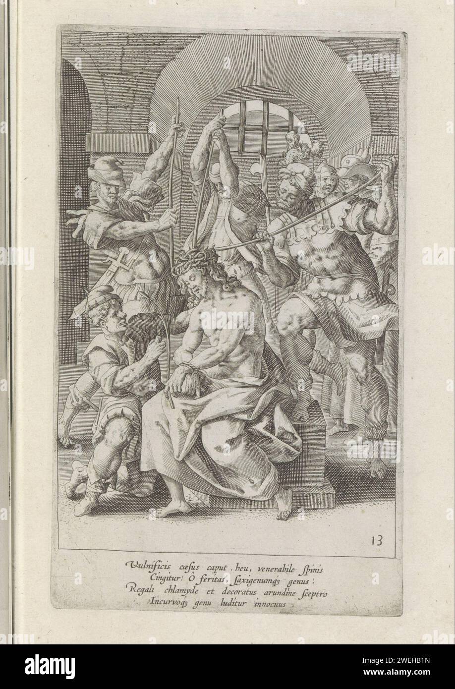 Doornenkroning of Christ, 1585 print Soldiers push the crown of thorns ...