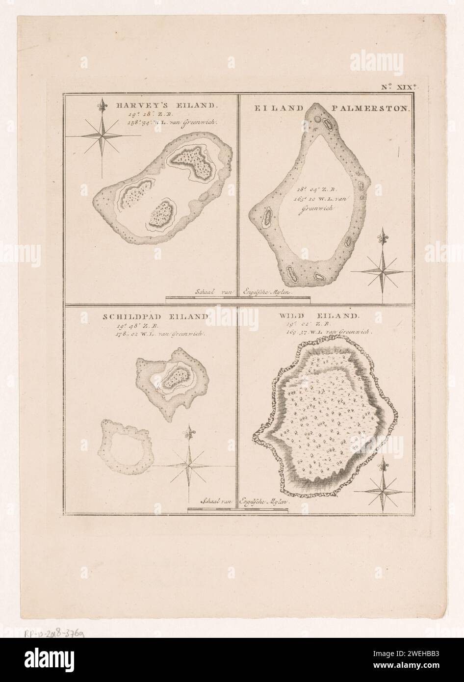 Map of four islands in the Pacific Ocean, including Palmerstone Island ...