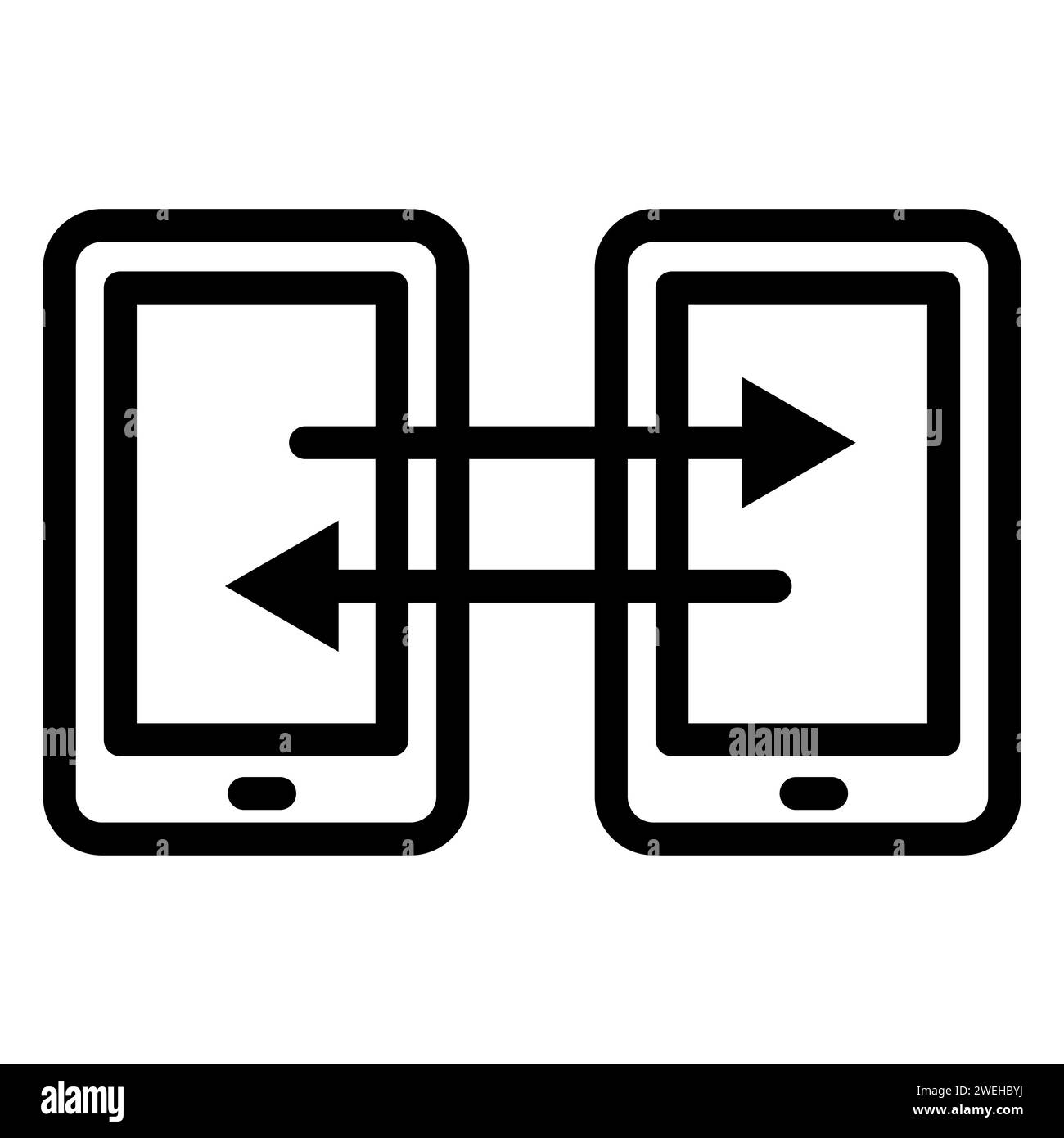 Vector black line icon data exchange between phones isolated on white ...