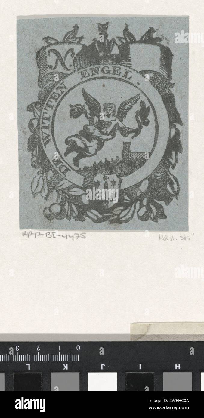 Trade label with an angel and the coat of arms of the city of Haarlem ...