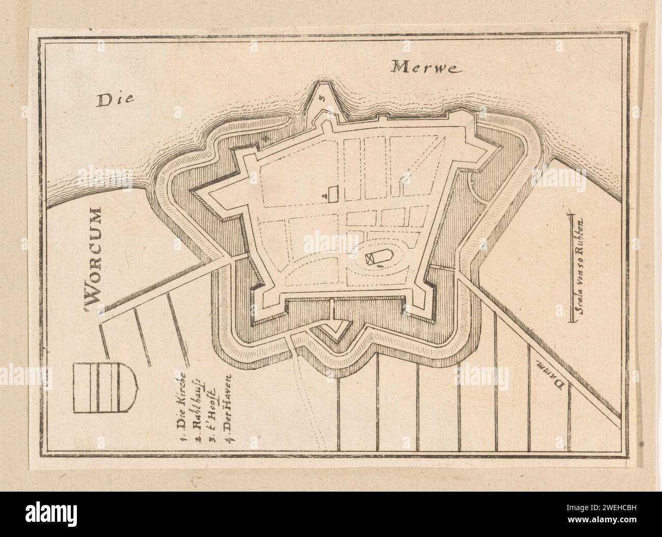 Vesting map of Woudrichem, Caspar Merian, after Johann Merck, 1654 - c. 1700 print At the top ...
