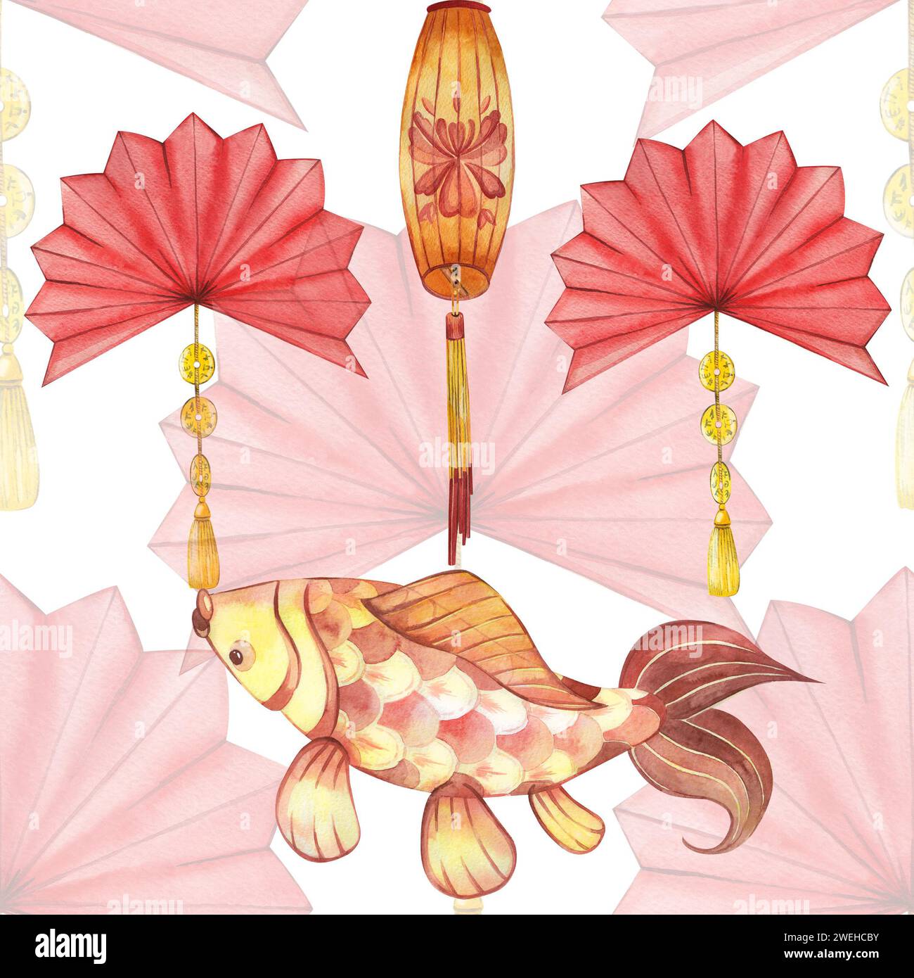 Seamless pattern for Chinese New Year. Red paper fans with gold ...