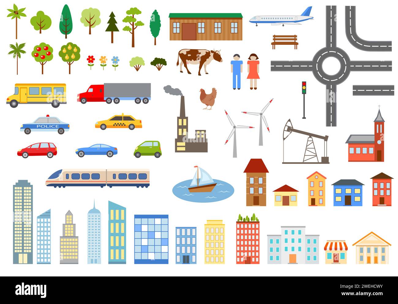 City map constructor. Set of various buildings, transport, plants and ...