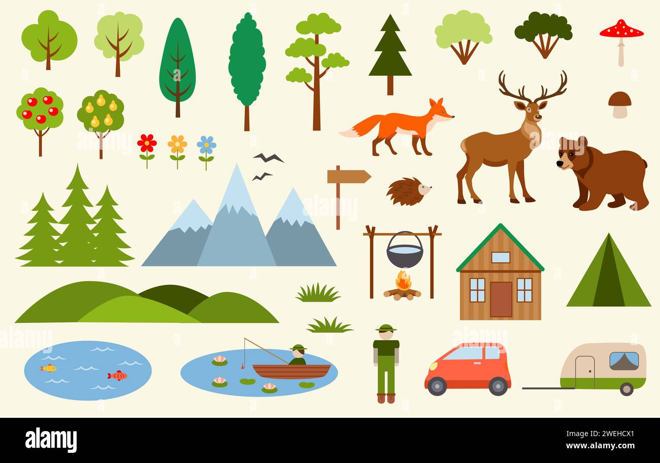 Camping map constructor. Set of various plants, mountains, forest ...