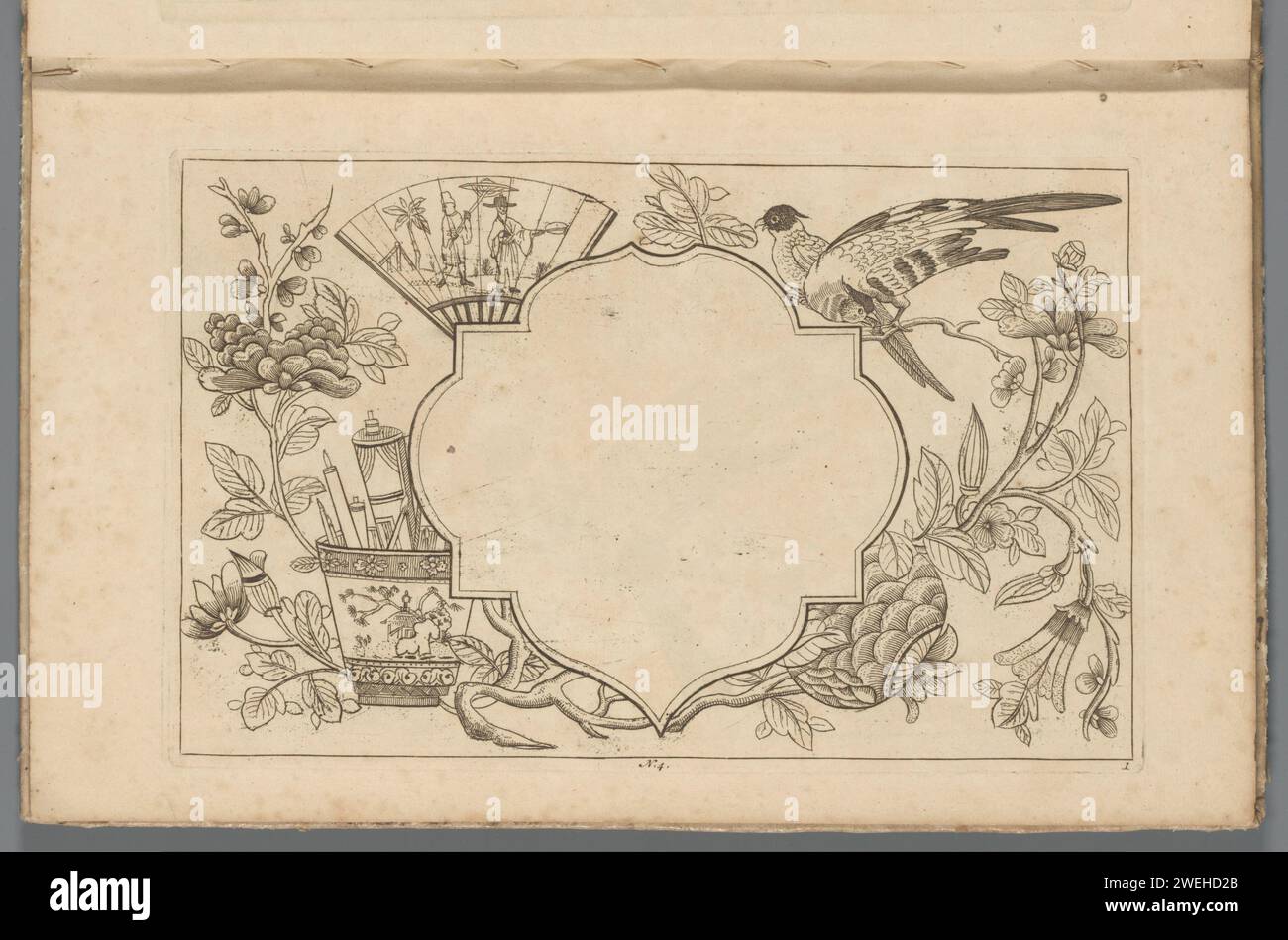 Cartouche with Chinese motifs, flowers and birds all around, 1727 ...