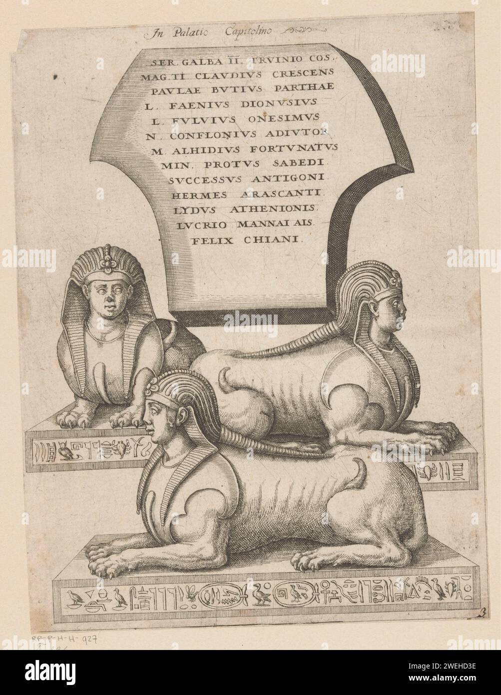 Drie sfinxen, anonymous, 1500 - 1599 print Three sphinxes and a stone ...