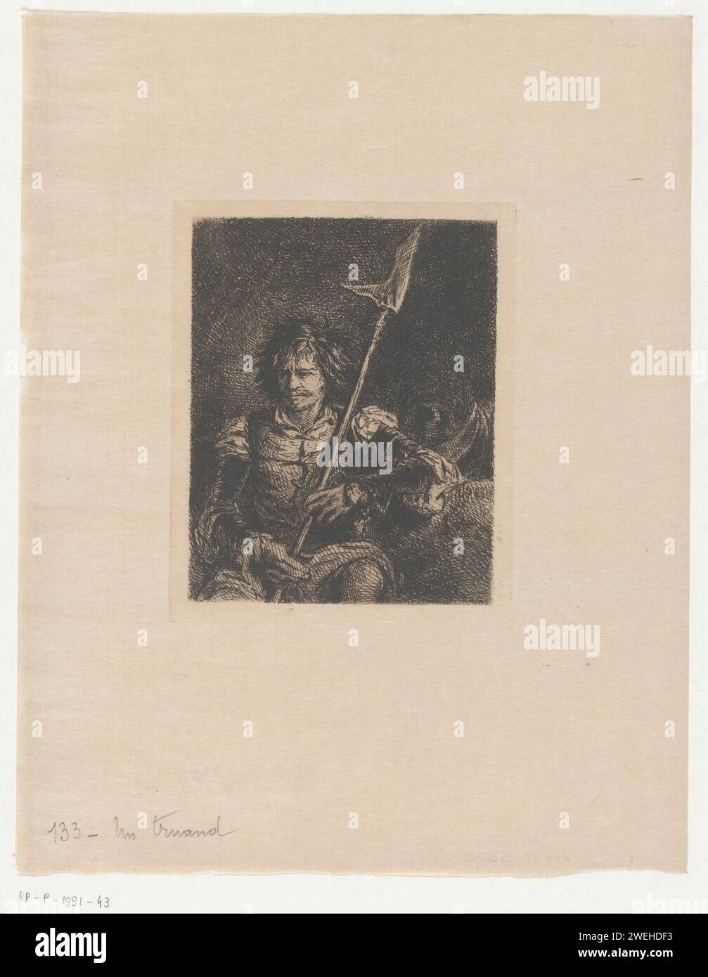 Seated Hellaarder, Charles Emile Jacque, 1846 print paper etching the ...