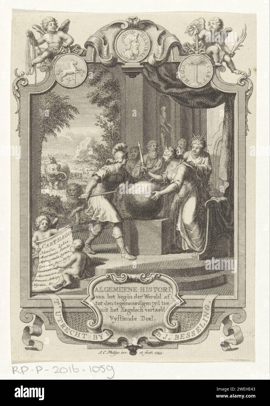 Cartouche with allegory on Carthage, Jan Caspar Philips, 1749 print A ...