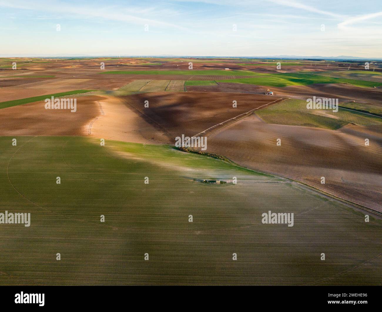 Aerial view of the fields in the outskirts of the Spanish town of Rueda ...