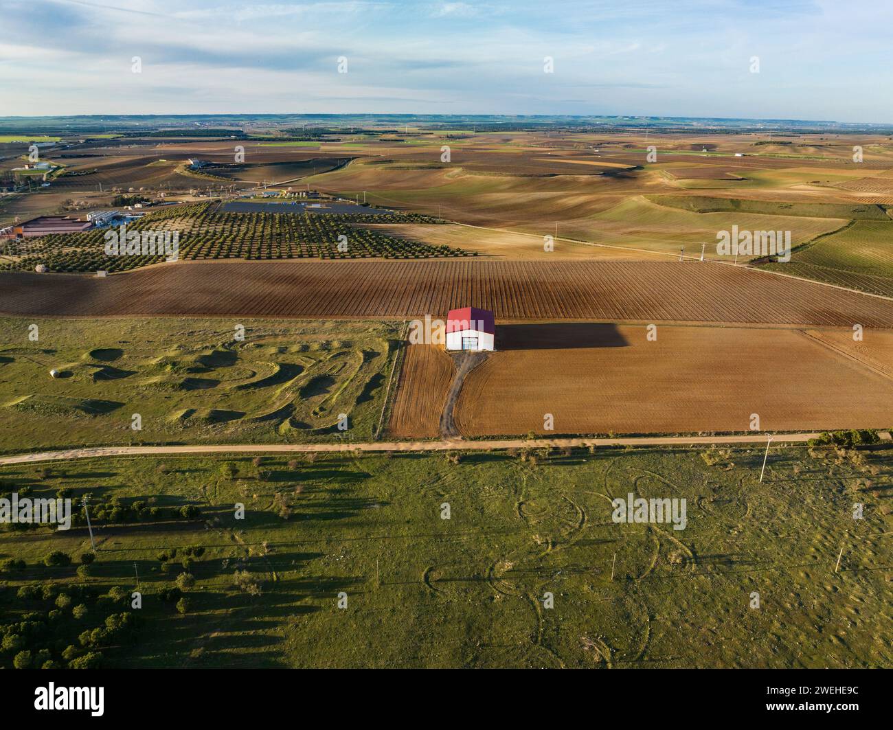 Aerial view of the fields in the outskirts of the Spanish town of Rueda ...