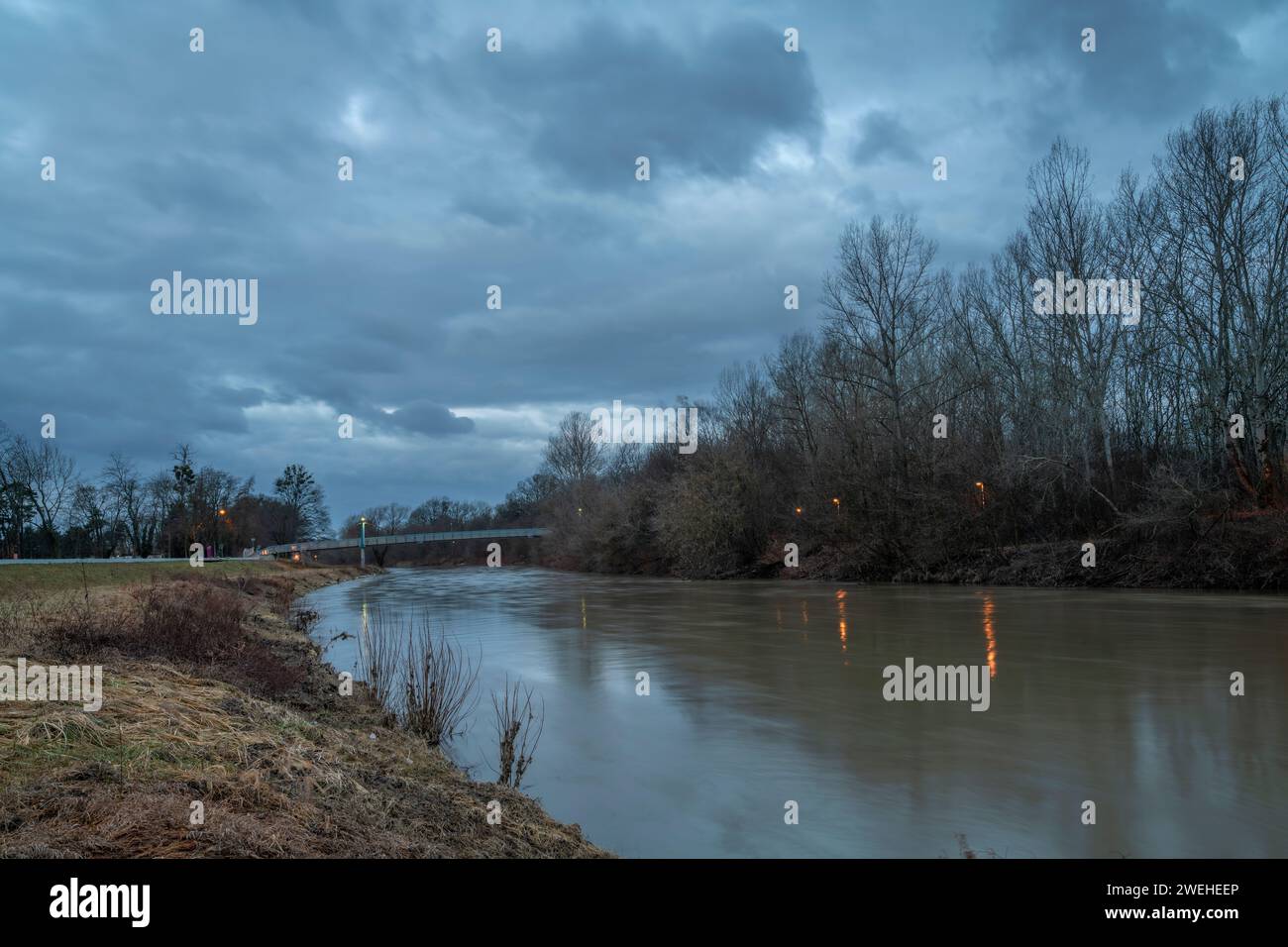 Becva flooded river near Prerov town in cloudy cold winter morning ...