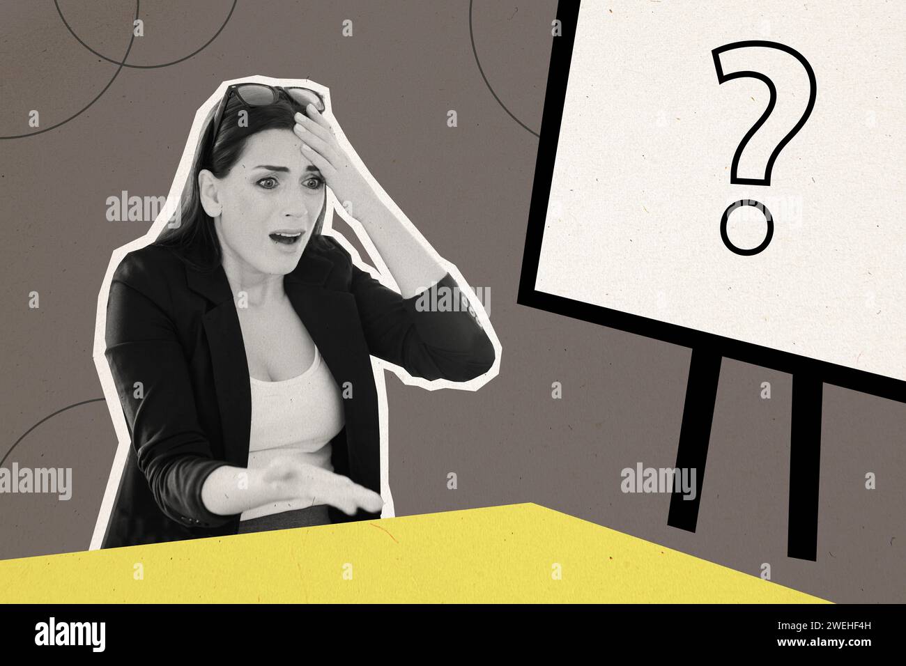 Creative collage poster banner young businesswoman amazed feeling ...