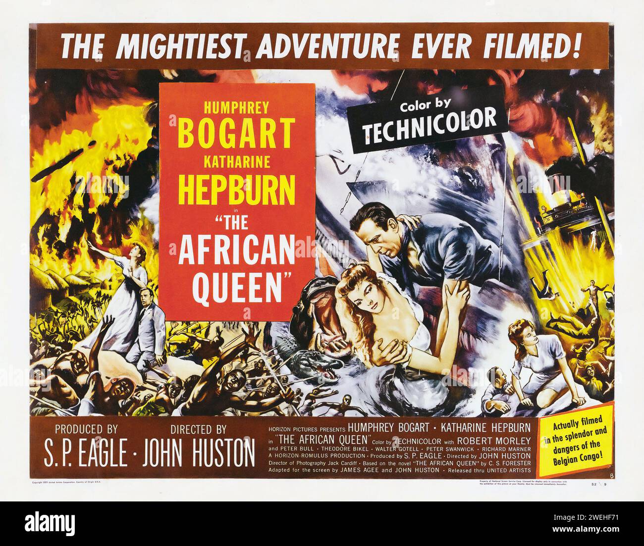 The African Queen, horizontal vintage film poster, Humphrey Bogart and ...