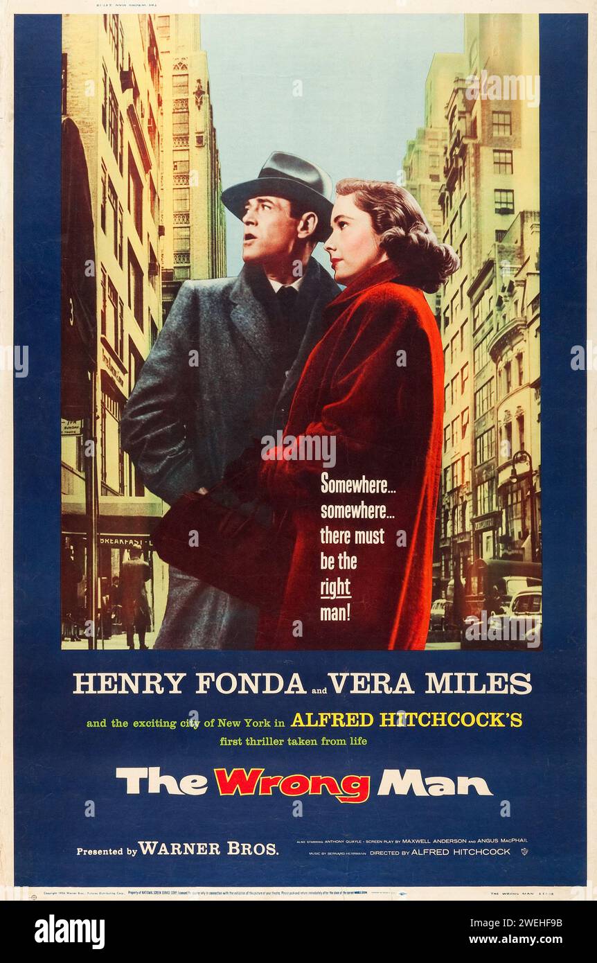The Wrong Man (Warner Brothers, 1957). Poster - A Hitchcock film featuring Henry Fonda and Vera ...