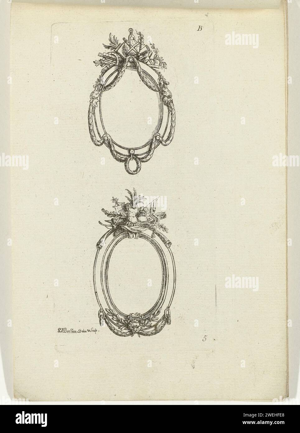 Two oval frames, 1768 print The upper frame is decorated with ...