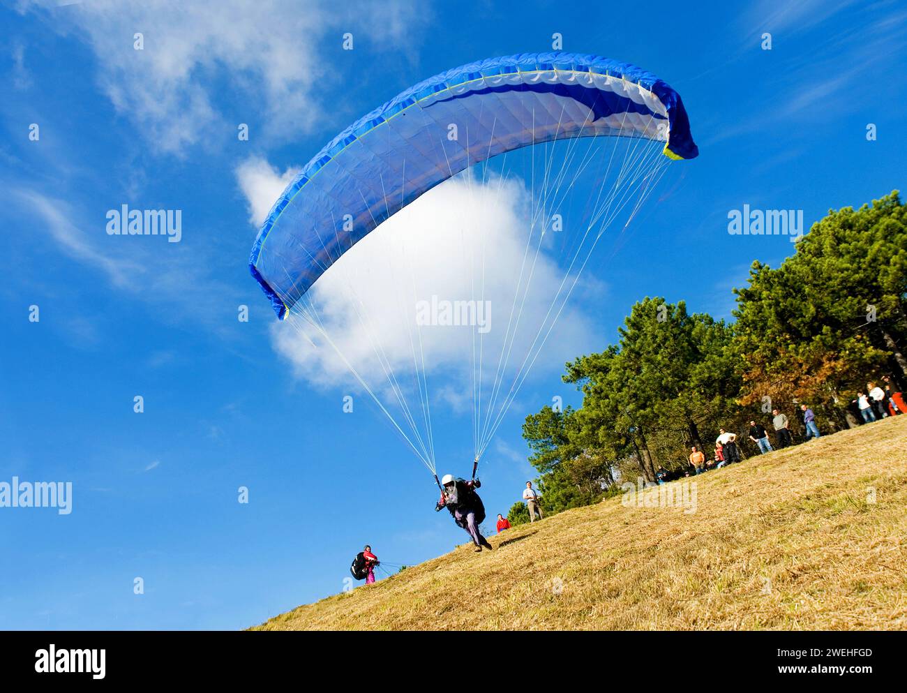 a paraglider pilot launches his blue and white glider above Levanto ...