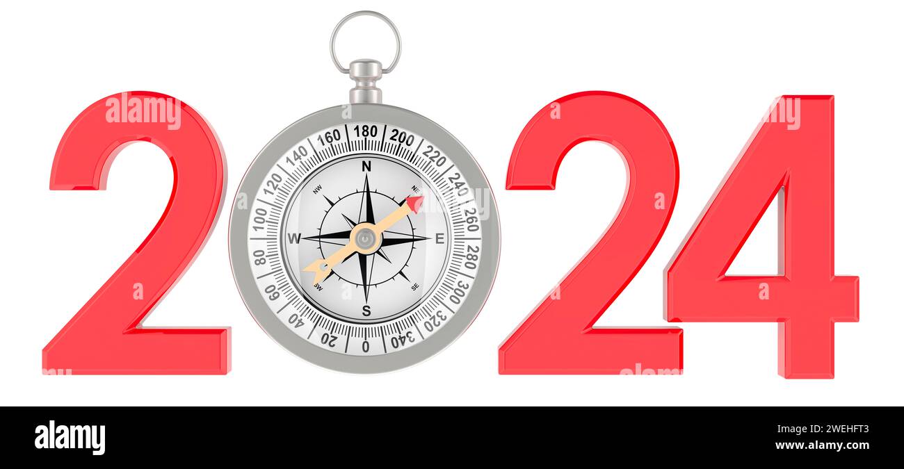 2024 with compass, 3D rendering isolated on white background Stock ...