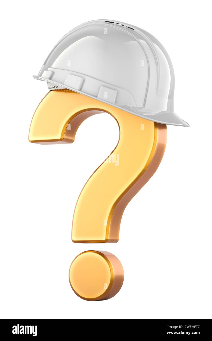 Question mark with white hard hat, 3D rendering isolated on white ...