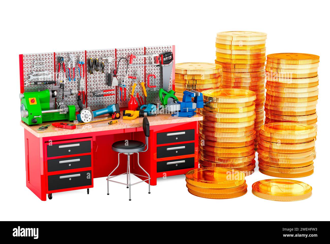 Maintenance Work Table full of construction tools with golden coins, 3D ...