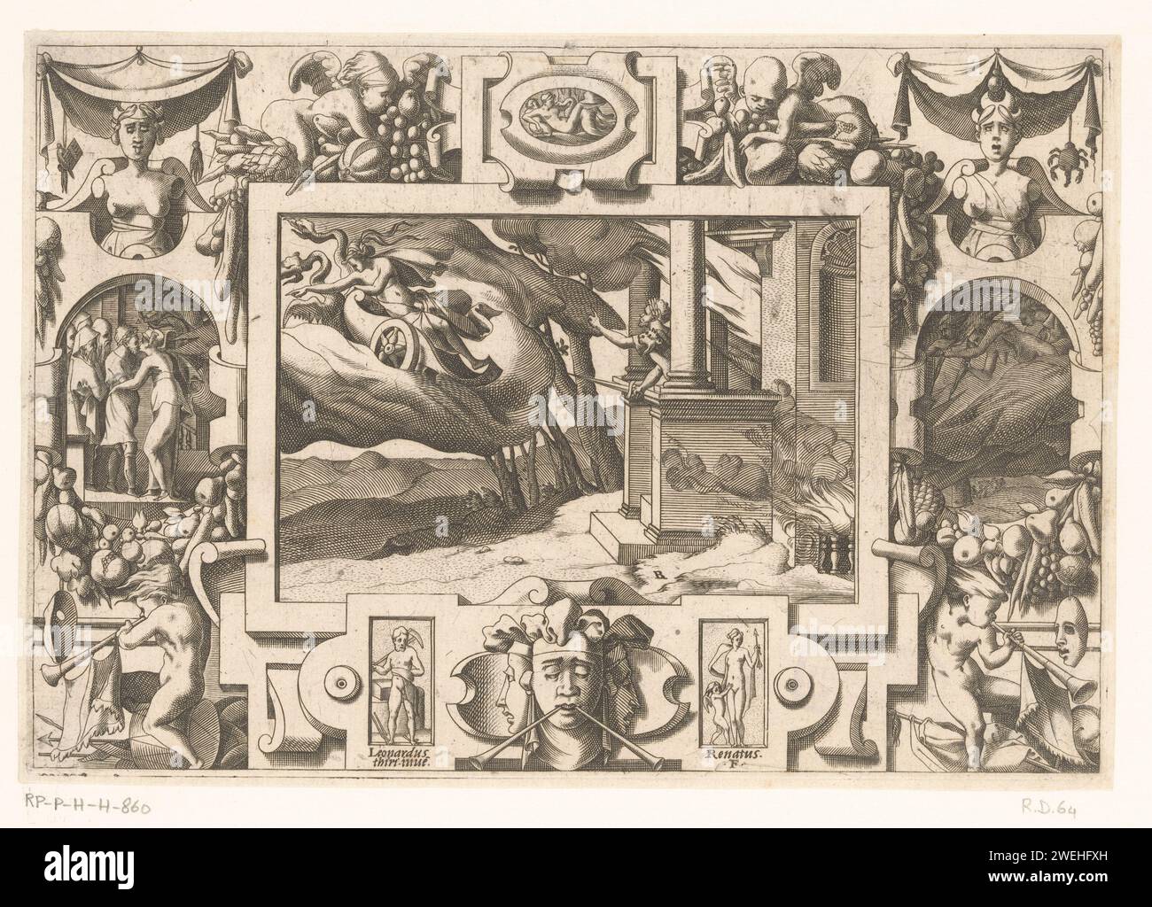 Medea flees in a car pulled through Draken, René Boyvin, After Léonard ...