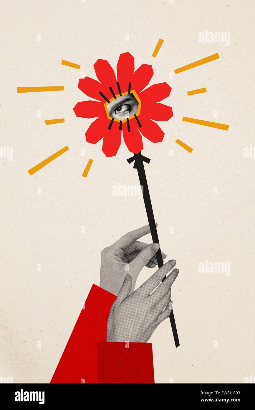 Vertical collage picture of black white colors arms hold magic wand ...