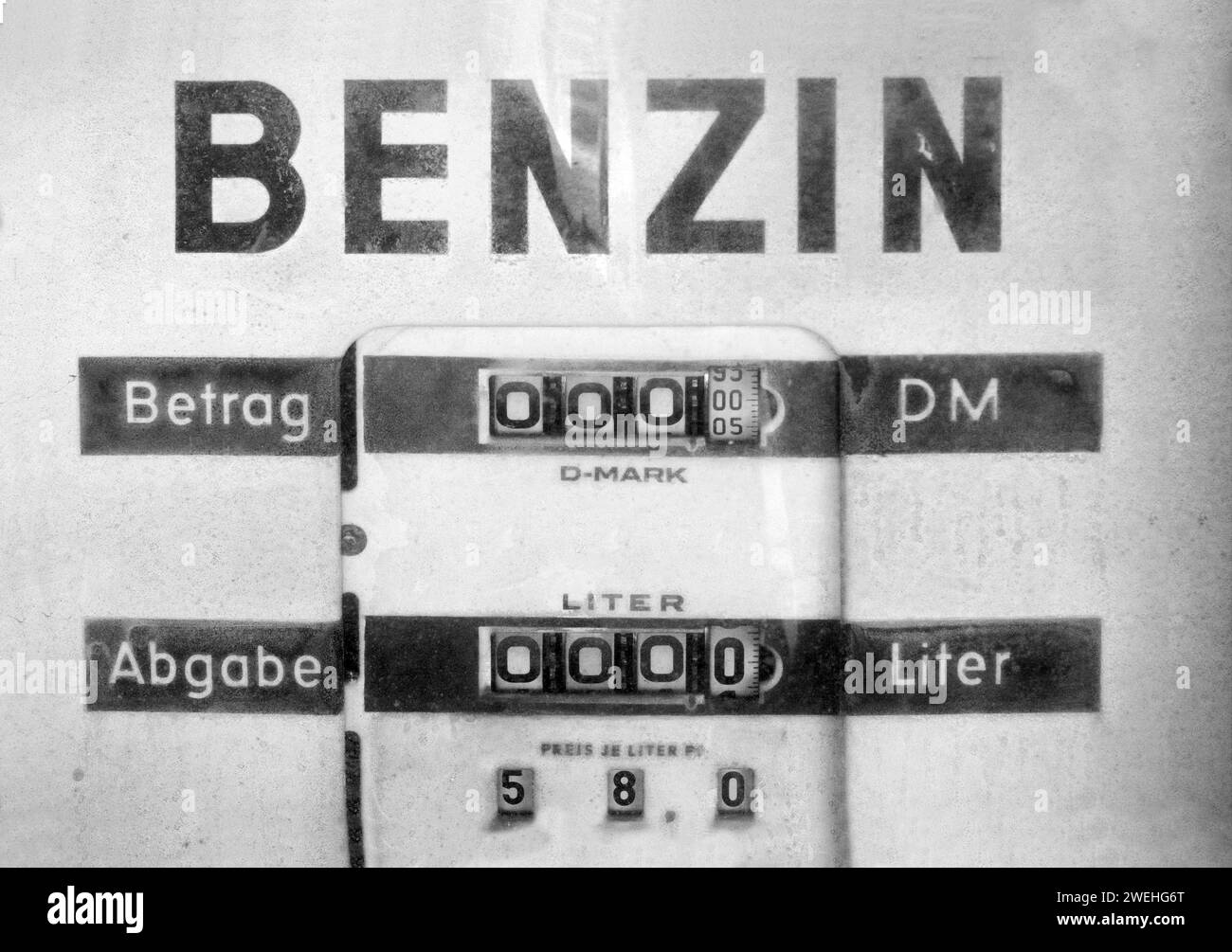 counter of an old German petrol pump, German marks and pfennigs are ...
